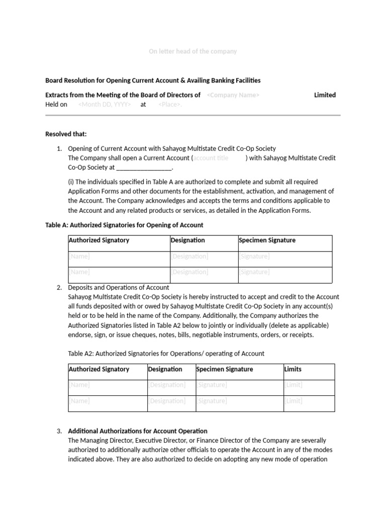 Board Resolution For Opening Current Account | PDF | Transaction ...
