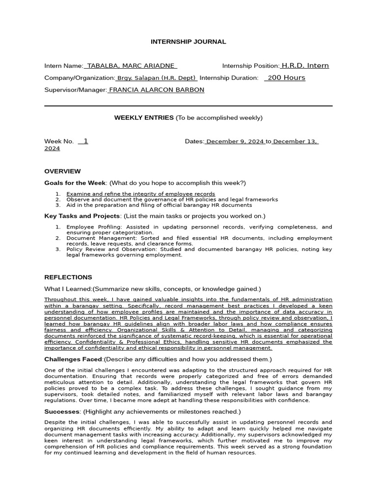 Internship Journal Week 1 | PDF | Regulatory Compliance | Employment