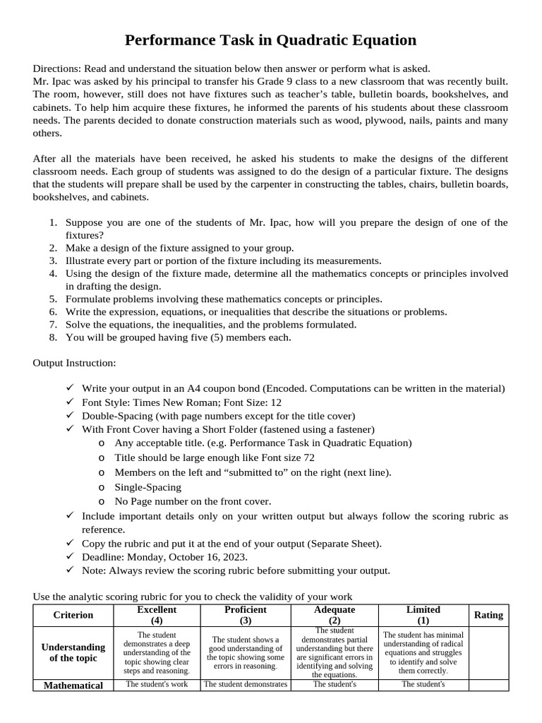 Performance Task On Quadratic Equations | PDF | Accuracy And Precision | Equations