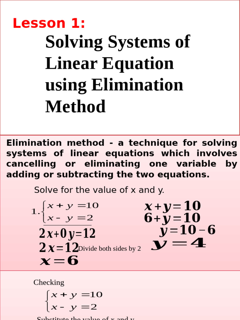 Lesson 1 Solving Systems of Linear Equations Using Elimination Method ...
