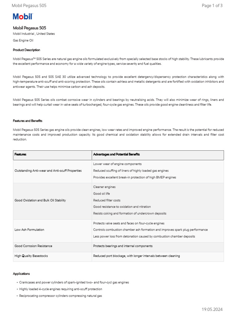 Gas Engine - Mobil Pegasus 505 (SAE 40) | PDF | Motor Oil | Engines
