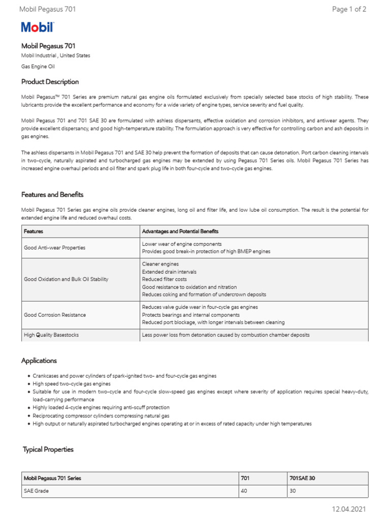 Gas Engine - Mobil Pegasus 701 (SAE 30) | PDF | Motor Oil | Engines