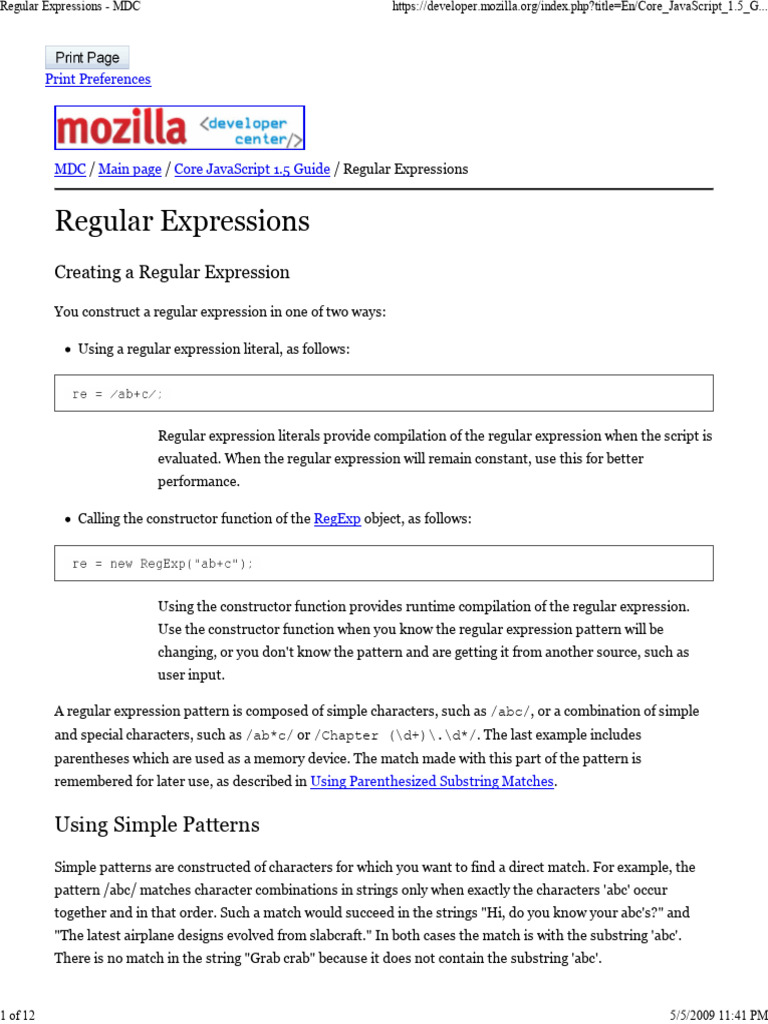 Regular Expressions Guide - Mozilla Developer Center | PDF | Regular Expression | String ...