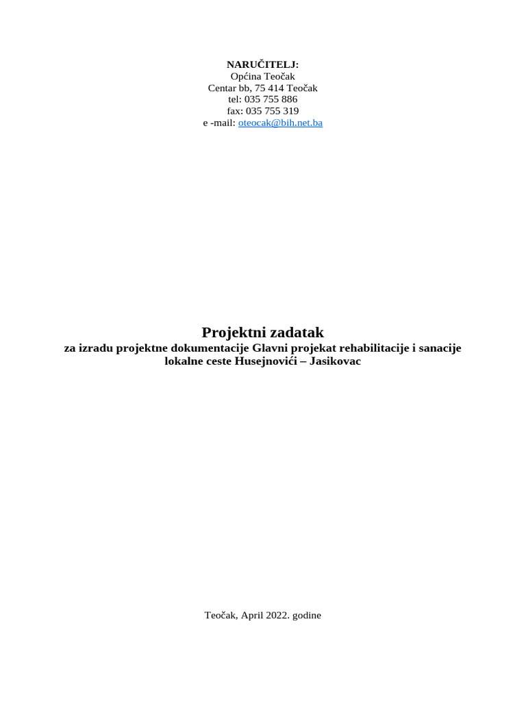 Projektni Zadatak Za Izradu Projekta Husejnovići-Jasikovac | PDF