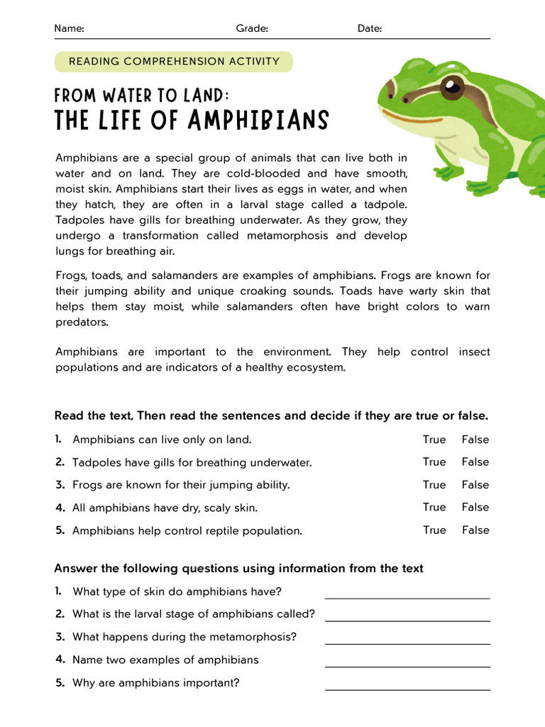 Amphibians Reading Comprehension Activity Worksheet in Colorful Simple ...