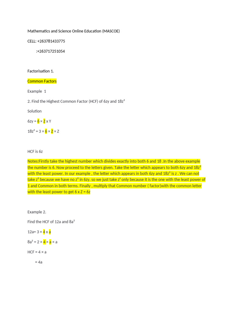 Factorisation 1.common Factors | PDF
