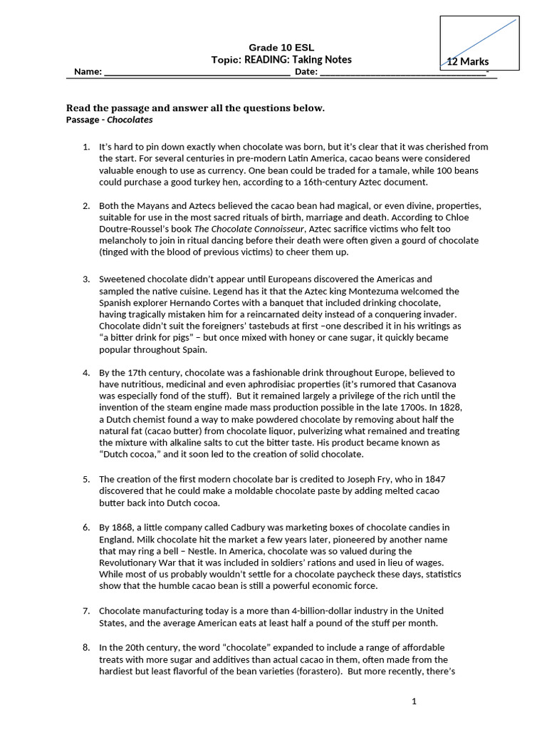 G10 ESL Notes Taking Quiz | PDF | Chocolate | Cocoa Solids