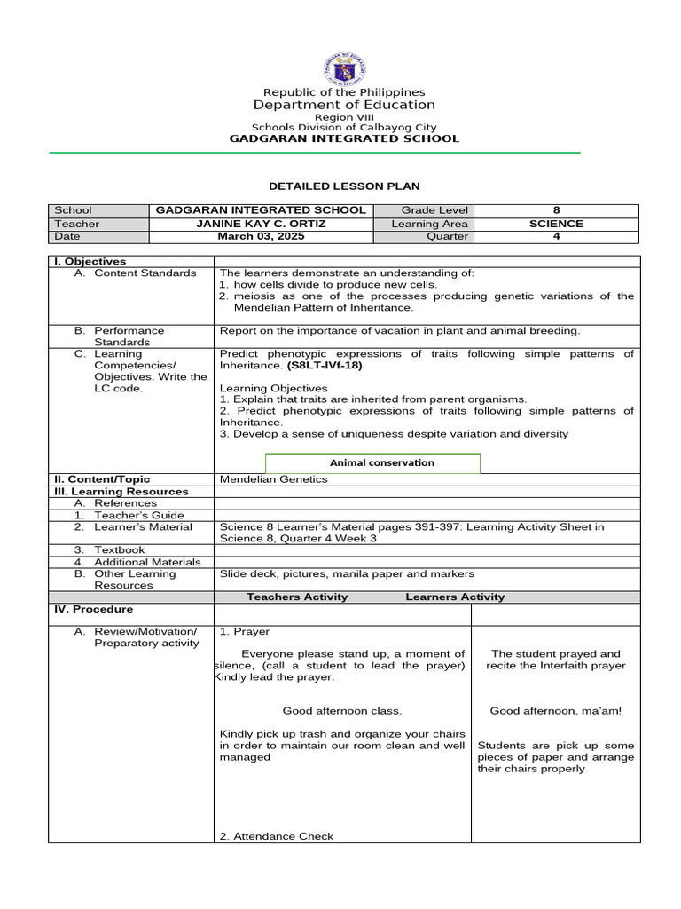Science 8 q4 - WK 4 (Mendelian) DLP | PDF | Dominance (Genetics) | Genotype