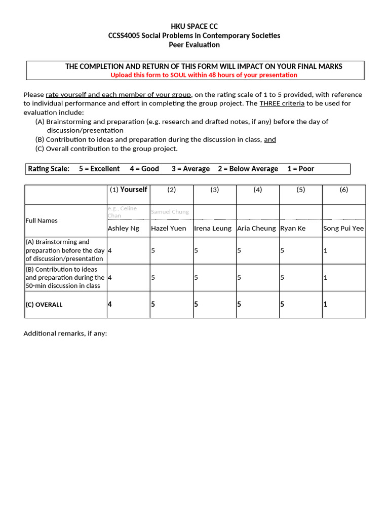 Peer Evaluation Form | PDF