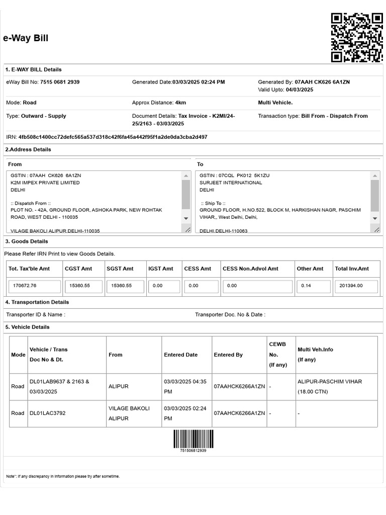 e-Way Bill Details and Information | PDF