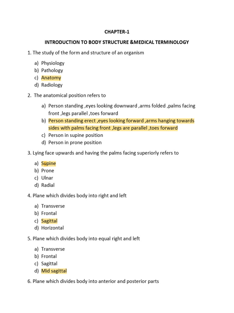 Answers For The Questions TO BODY STRUCTURE &MEDICAL TERMINOLOGY | PDF ...
