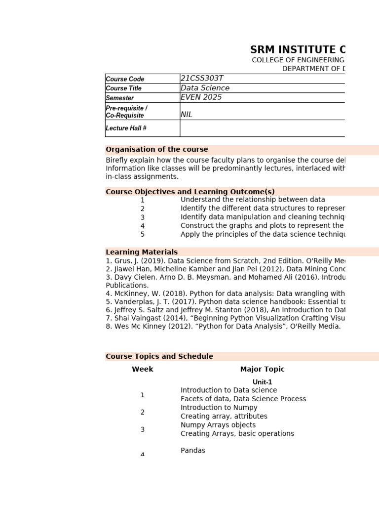 Data Science - Course Handout - DR P Balamurugan - EVEN 2025 | PDF | Data Science | Data