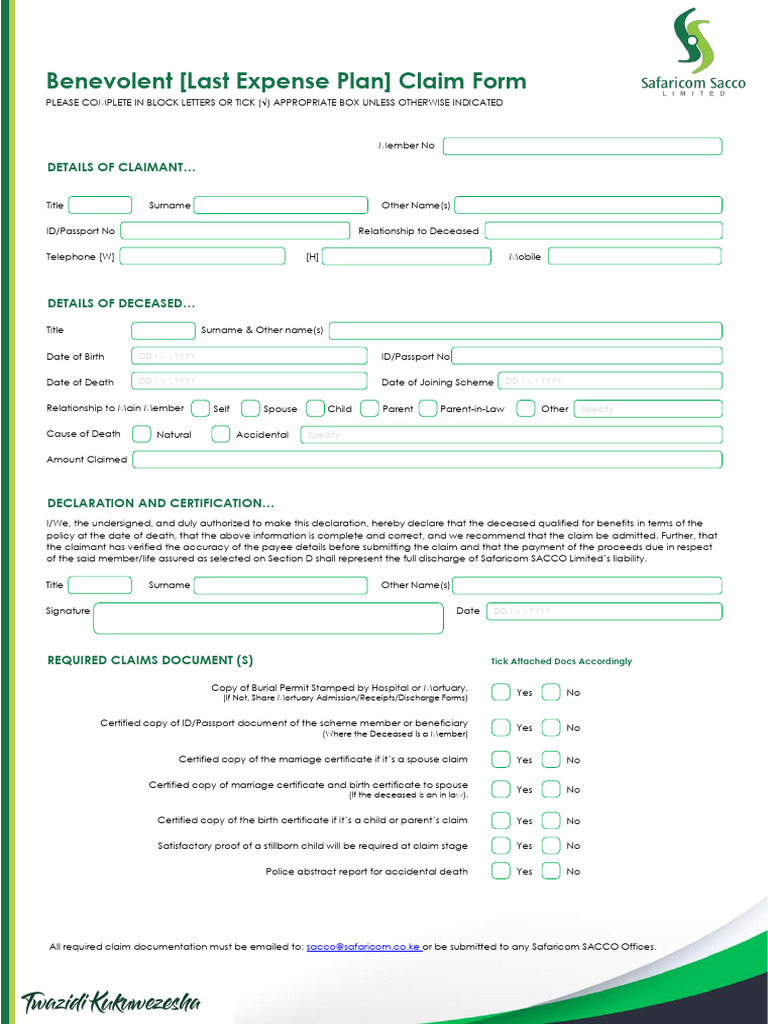 SACCO Benovelent Last Expense Claim Form v4.0 | PDF | Birth Certificate