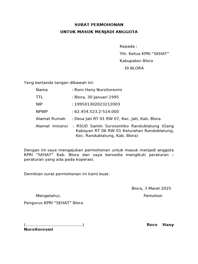 Surat Permohonan Anggota Koperasi | PDF