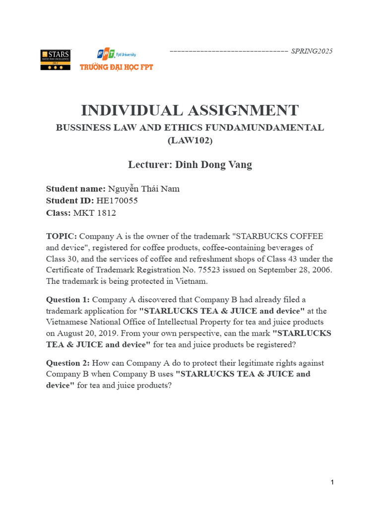 Nguyễn Thái Nam-HE170055-LAW102-Individual Assignment | PDF | Trademark | Starbucks