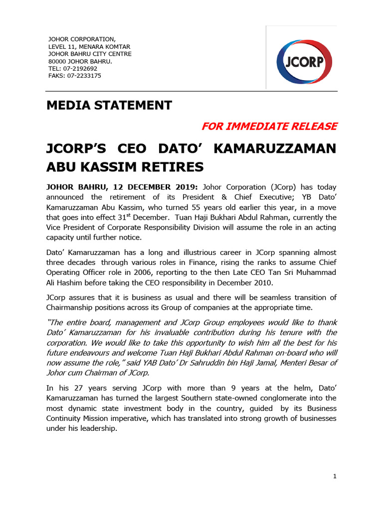 (JCORP) MEDIA RELEASE - JCORP'S CEO DATO' KAMARUZZAMAN ABU KASSIM ...