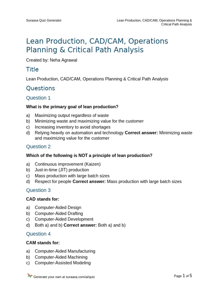 Lean Production & CAD/CAM Quiz | PDF | Lean Manufacturing | Project ...