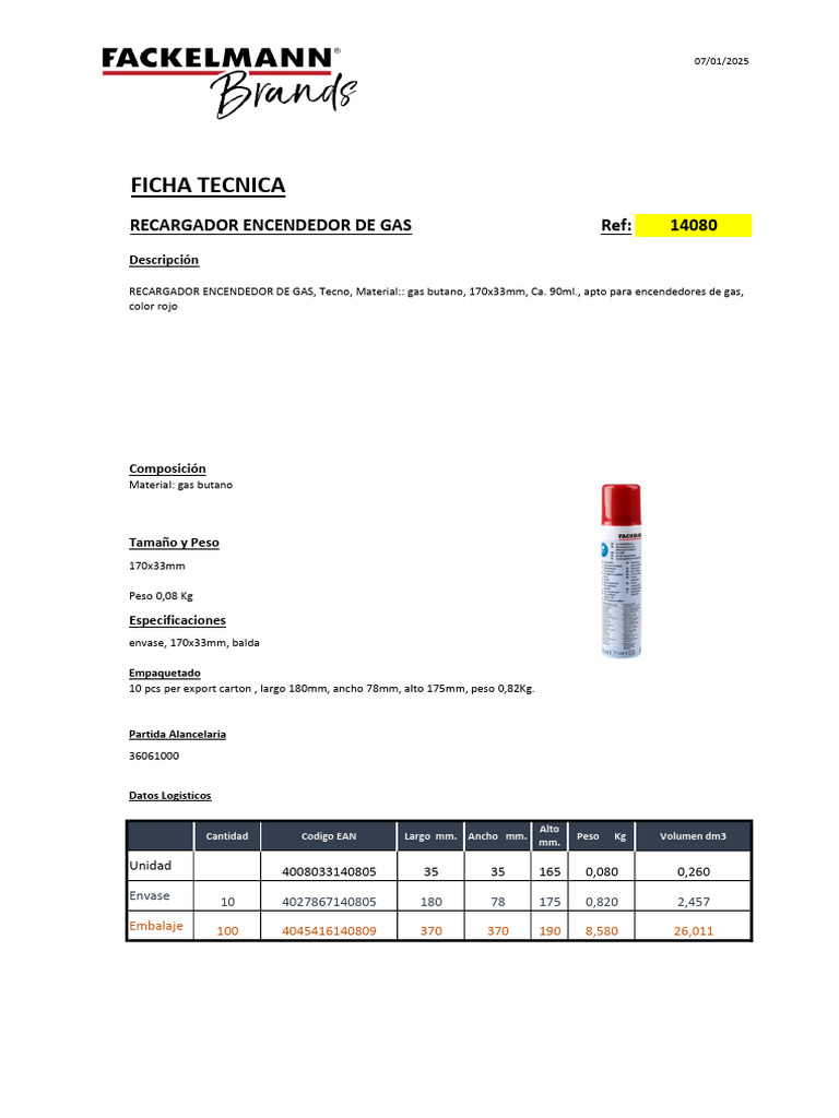 Recargador de Gas Butano 90ml Rojo | PDF