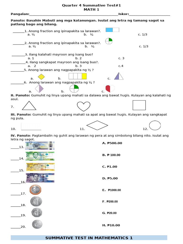 Q4 Math Quiz1 W Tos | PDF