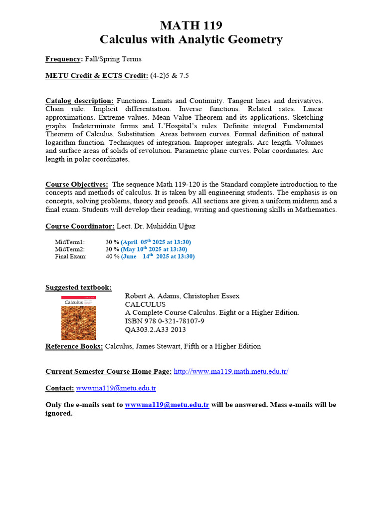 MATH119 2024-2 Course Syllabus and Policy | PDF | Integral | Function (Mathematics)