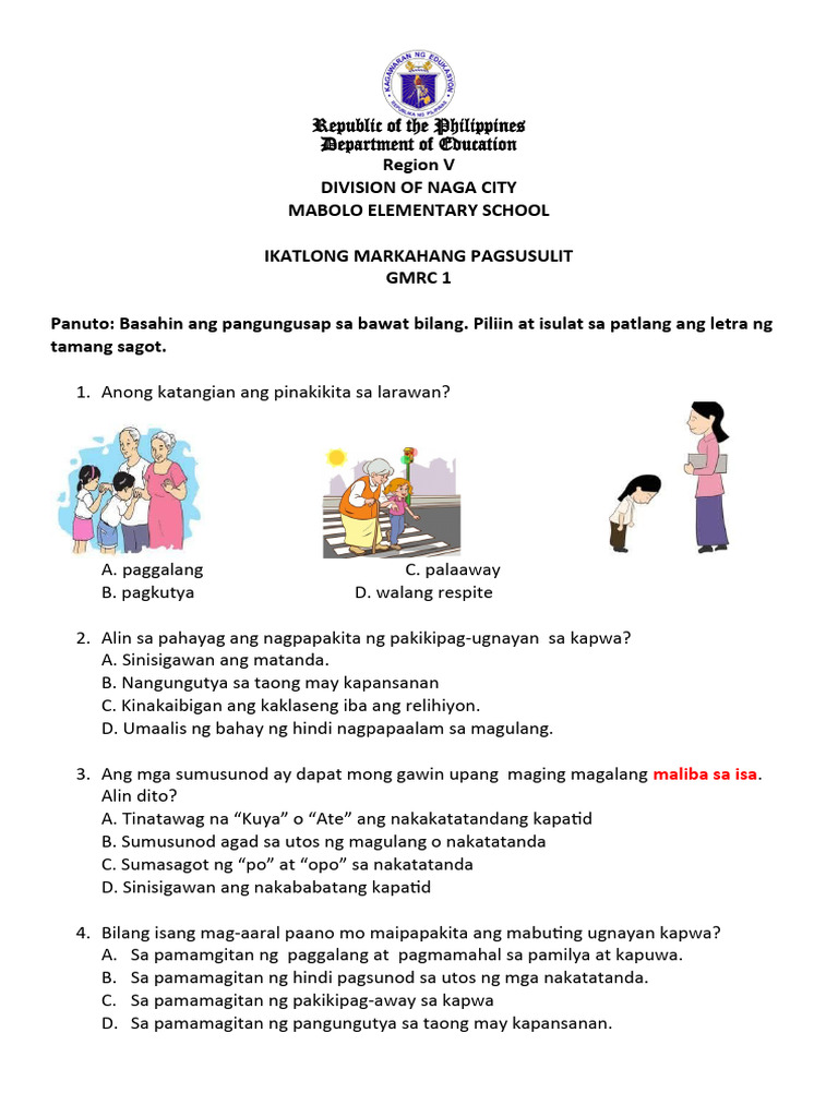 PT Q3 Grade 1 Matatag GMRC 1 + Tos | PDF