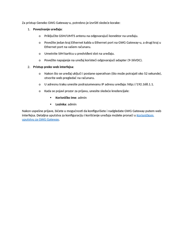 Za Pristup Geneko GWG Gateway | PDF