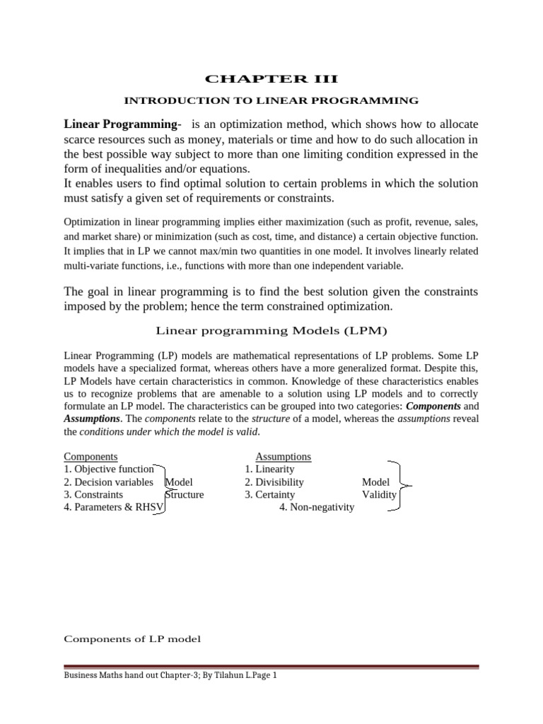 CHAPTER III-maths Hand Out | PDF | Mathematical Optimization | Linear Programming