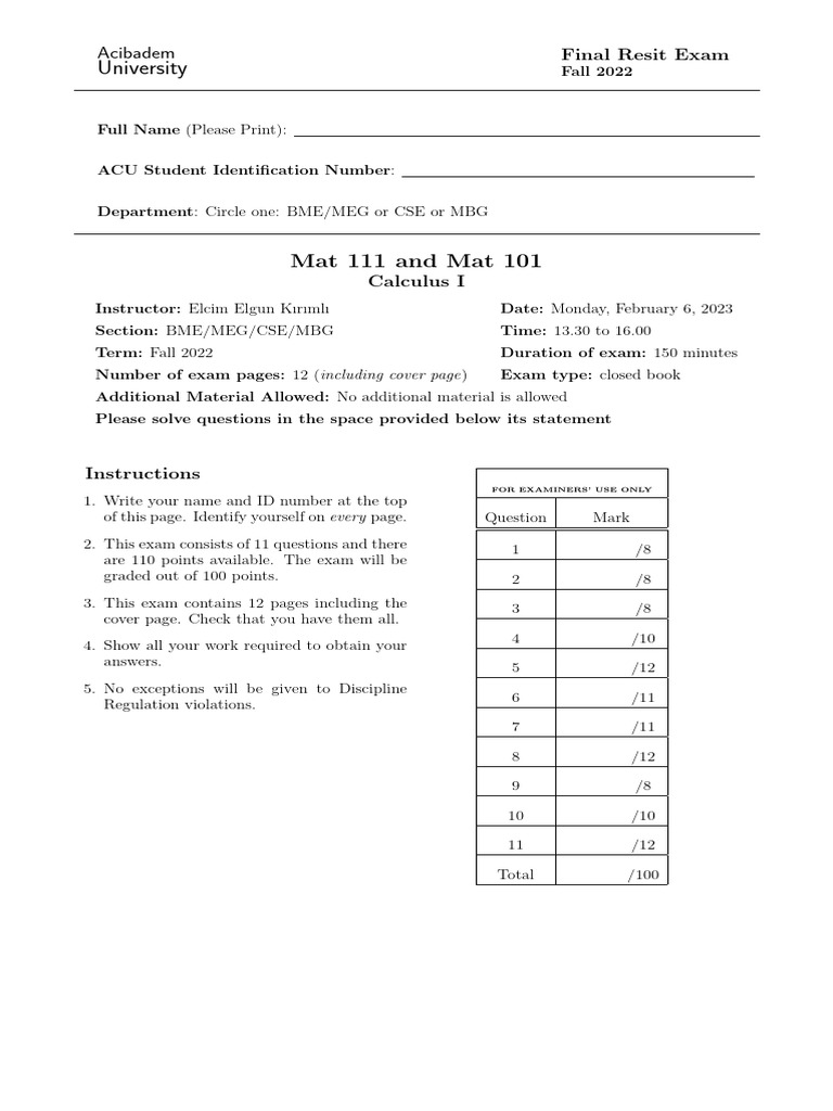 Calculus 1 Fall 2022 Final Exam 2 | PDF | Function (Mathematics ...