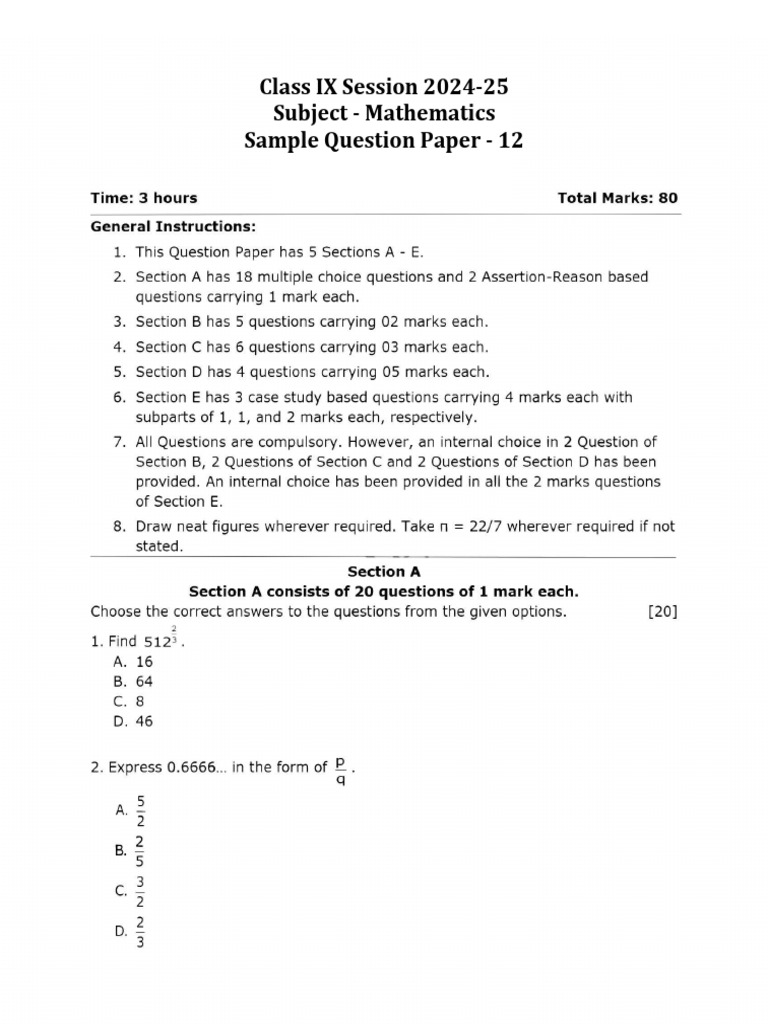 Class IX Math Sample Paper 2024-25 | PDF