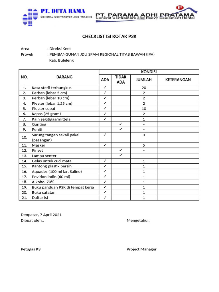 Checklist Isi Kotak P3K Proyek K3 | PDF