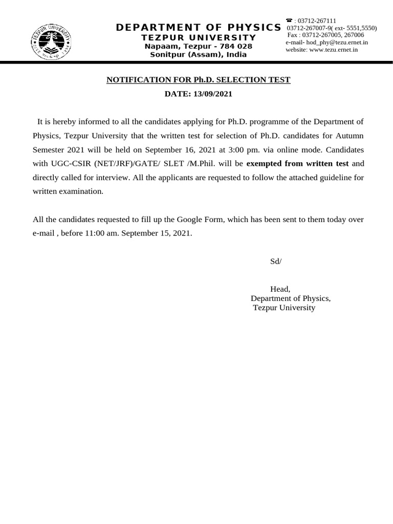 Notification PHD Selection Aut 21 | PDF | Doctor Of Philosophy | Multiple Choice