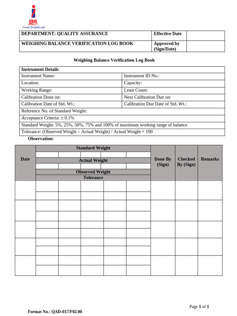 Weighing Balance Verification Log Book | PDF
