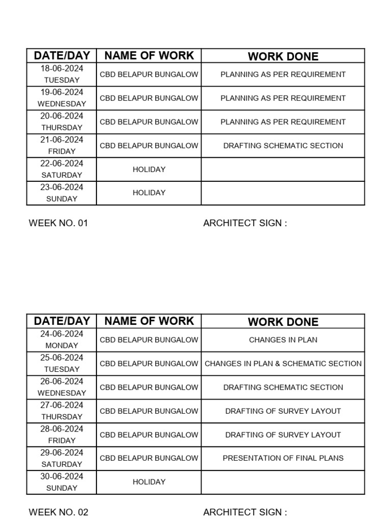Weekly Architectural Work Log | PDF