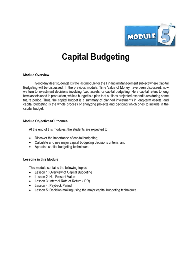Module 5 - Capital Budgeting | PDF | Net Present Value | Internal Rate Of Return