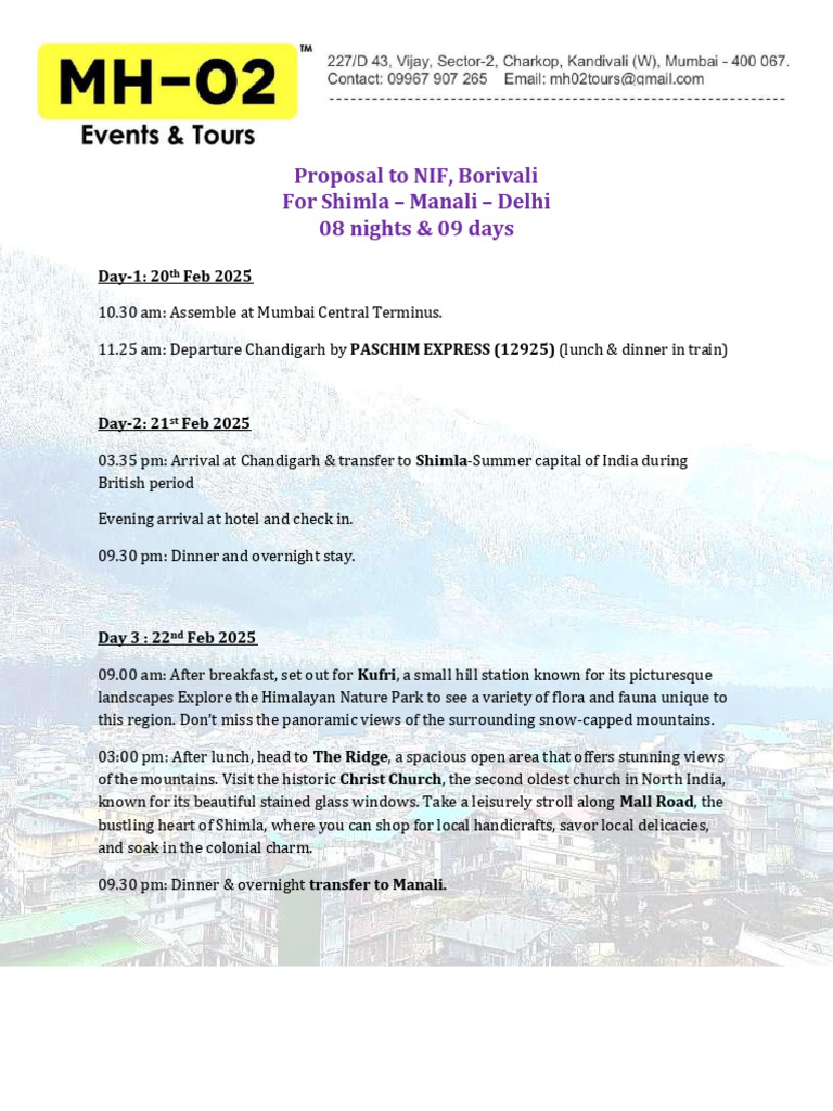 Shimla - Manali - Delhi Final Itinerary | PDF