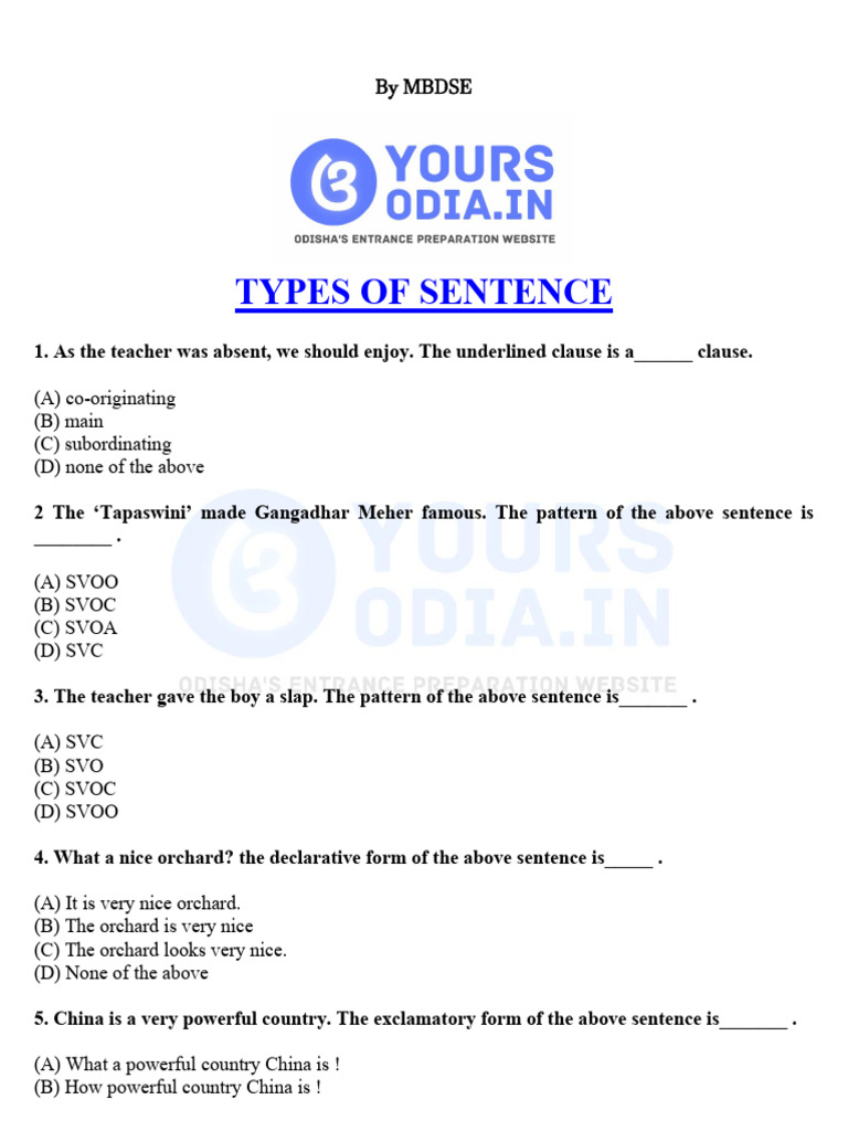 Types of Sentences and Patterns Quiz | PDF | Sentence (Linguistics ...