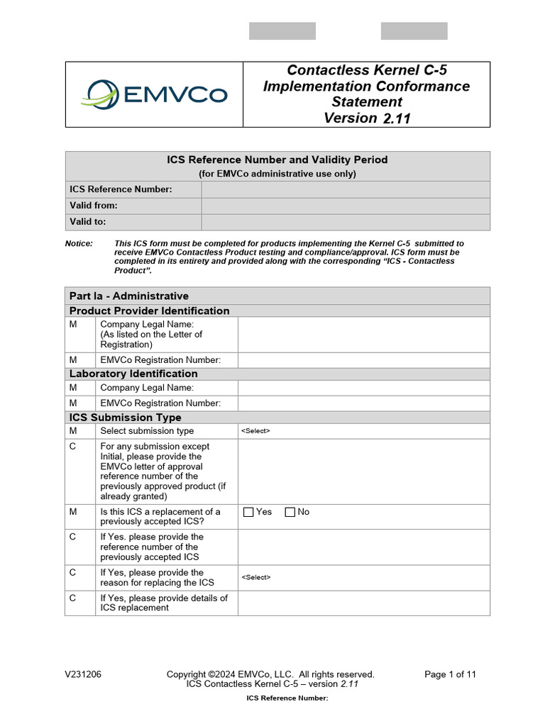 EMVCo TTA Contactless C5 ICS v211 231206 | PDF | Emv