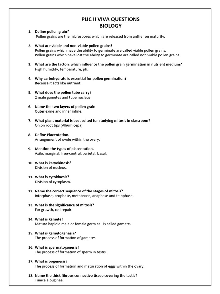 BIOLOGY PUC II VIVA Q & A Final | PDF | Mitosis | Pollen
