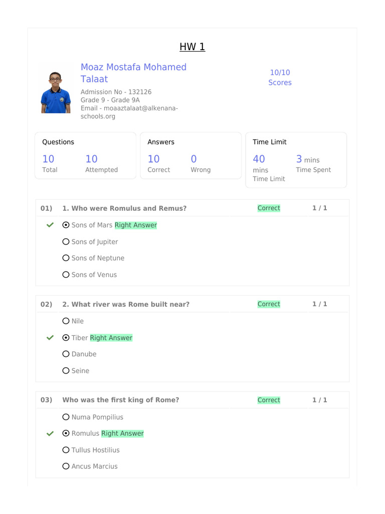 Quiz Result - HW 1 - Moaz Mostafa Mohamed Talaat | PDF | Ancient Rome | Ancient Europe