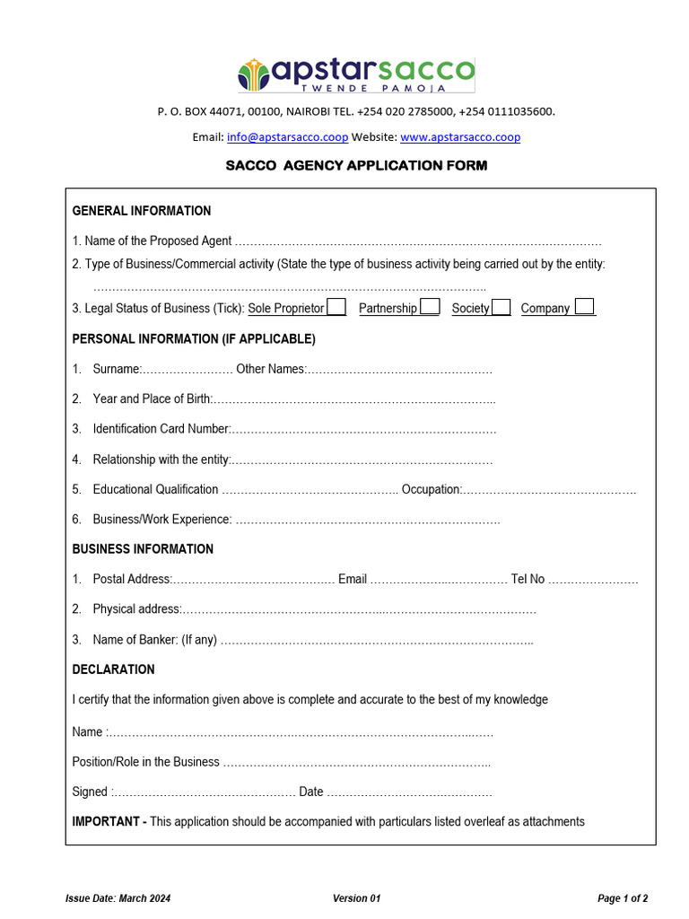 Apstar SACCO Agency Application Form | PDF | Government And Personhood