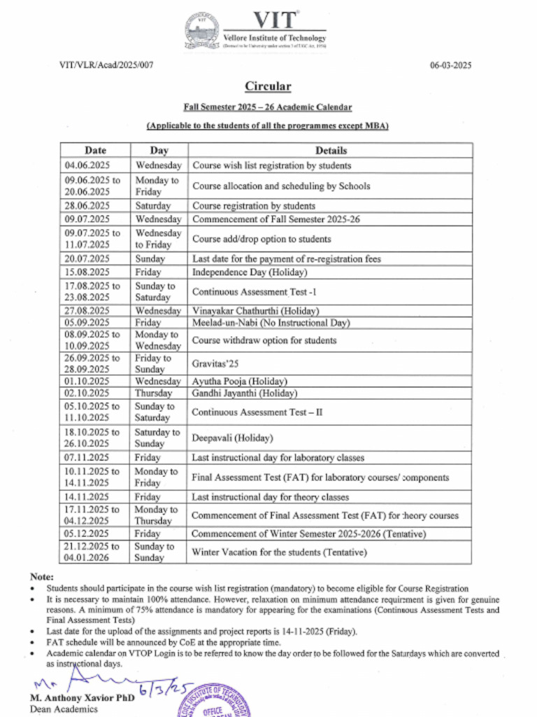 Academic Calendar For Fall Semester 2025-26 | PDF