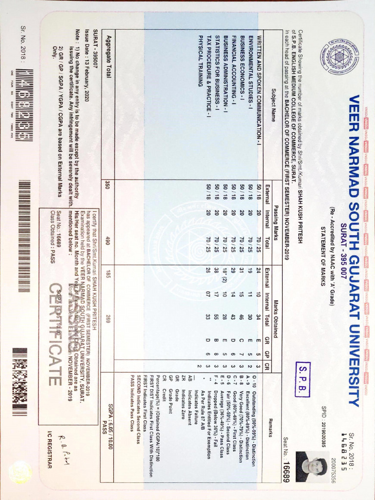 Sem 1 Marksheet (Original) (1) | PDF