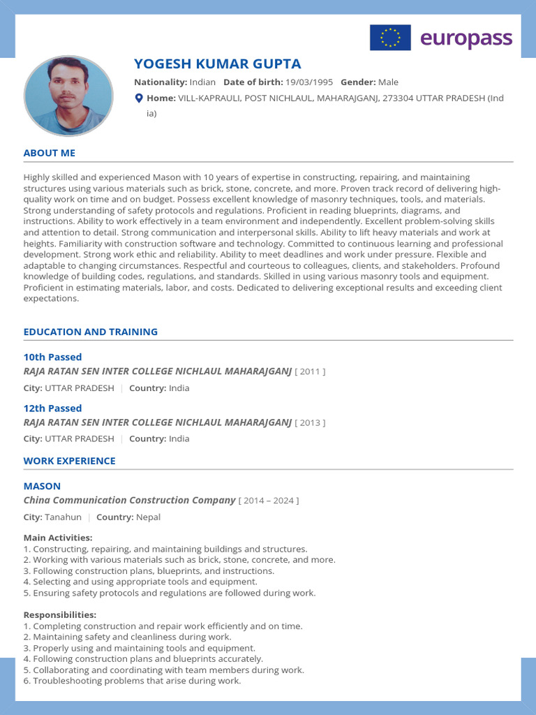 Yogesh Kumar Gupta Europass CV | PDF | Communication | Skill