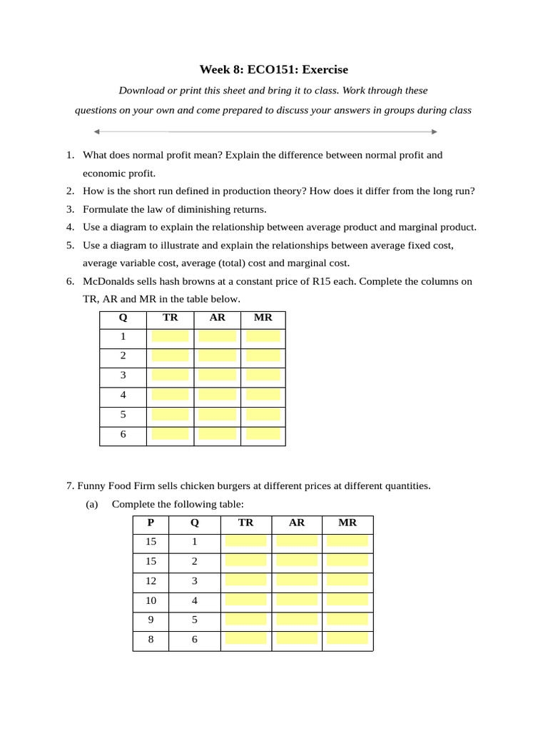 ECO151 Managerial Economics Exercise | PDF | Profit (Economics ...