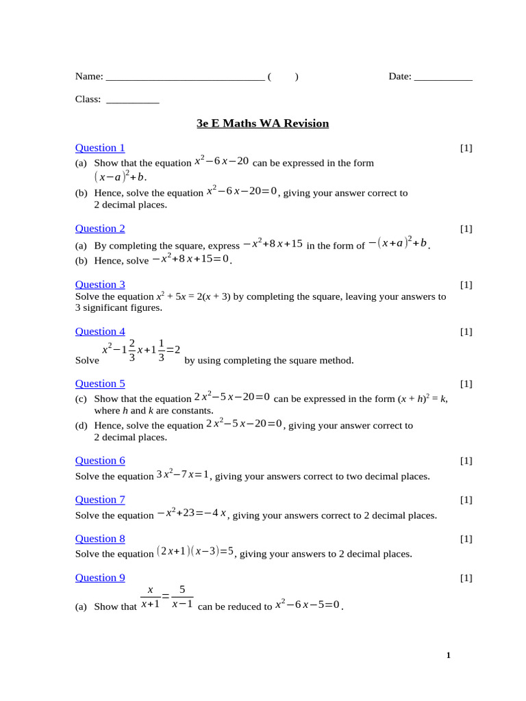 Completing the Square Maths Revision | PDF | Equations | Mathematical ...