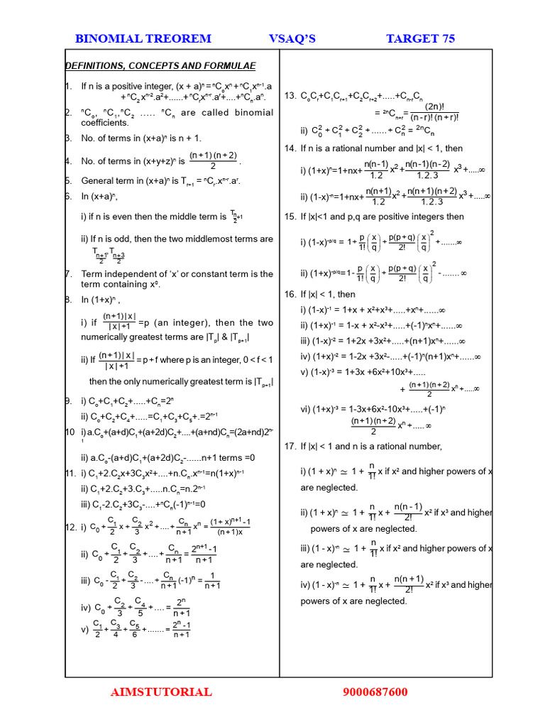 Binomial Vsaq 2025 Aimstutorial | PDF | Discrete Mathematics | Elementary Mathematics