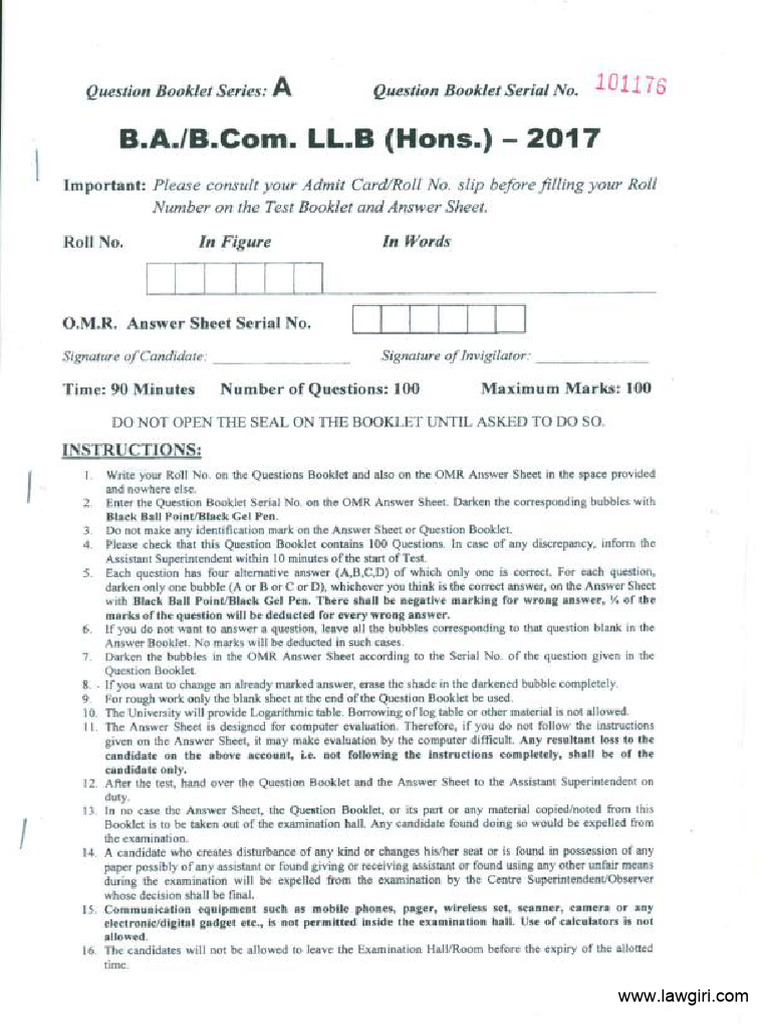 2017 PU BA LLB Question Paper | PDF