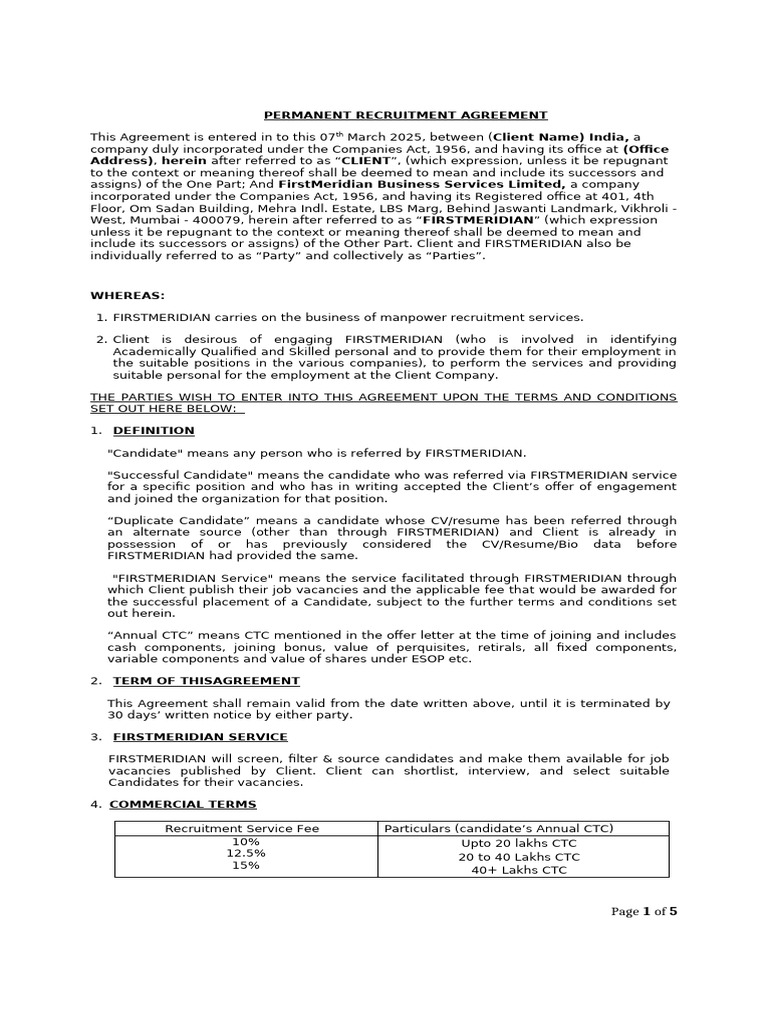 Permanent Recruitment Agreement - BNB ME - FirstMeridian | PDF ...