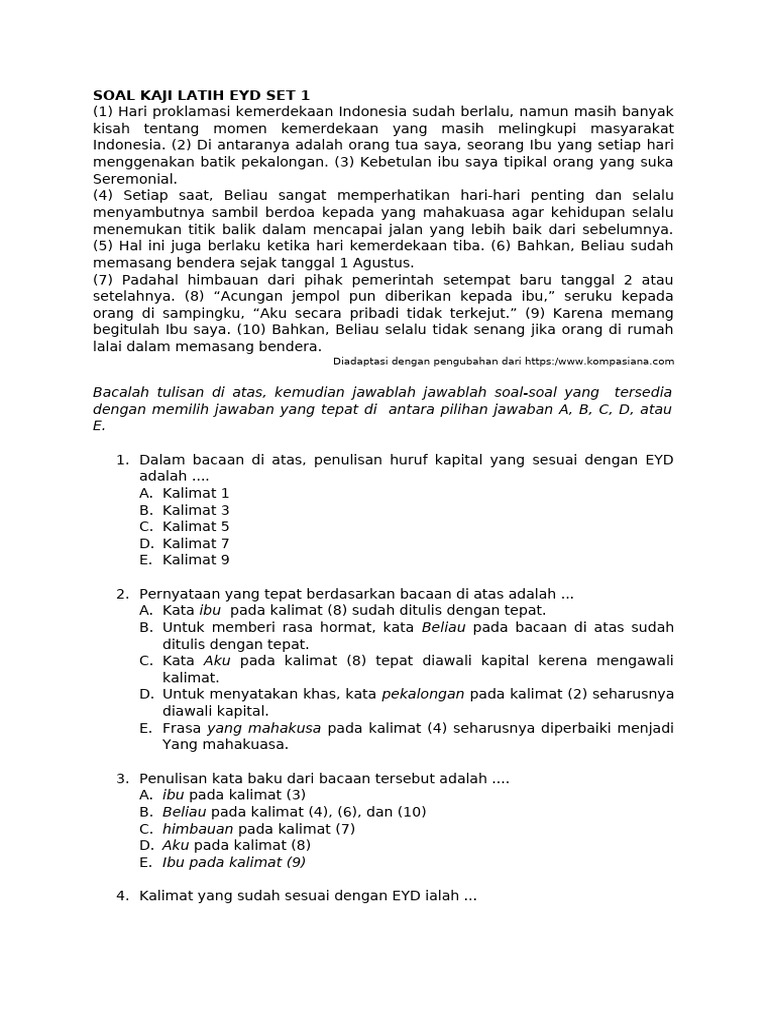Soal Kaji Latih Eyd Set 1 | PDF