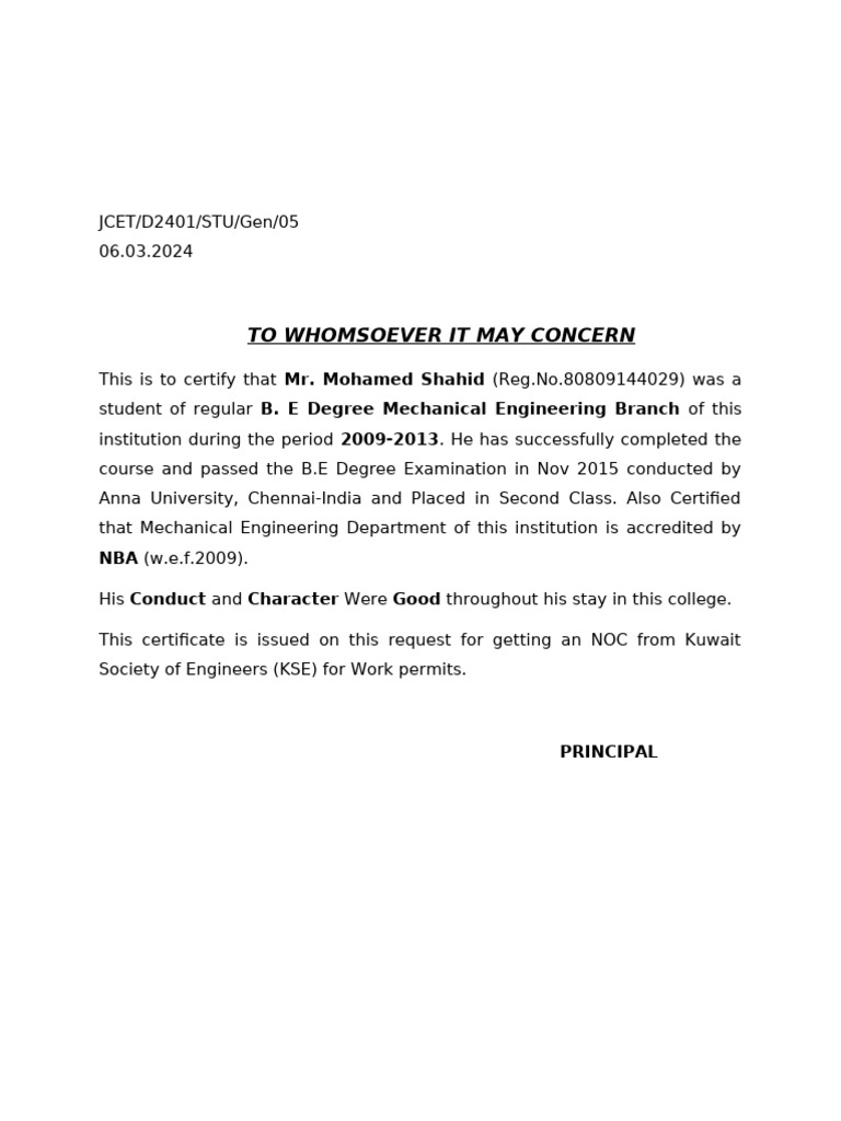 B.E Mechanical Engineering Certificate | PDF
